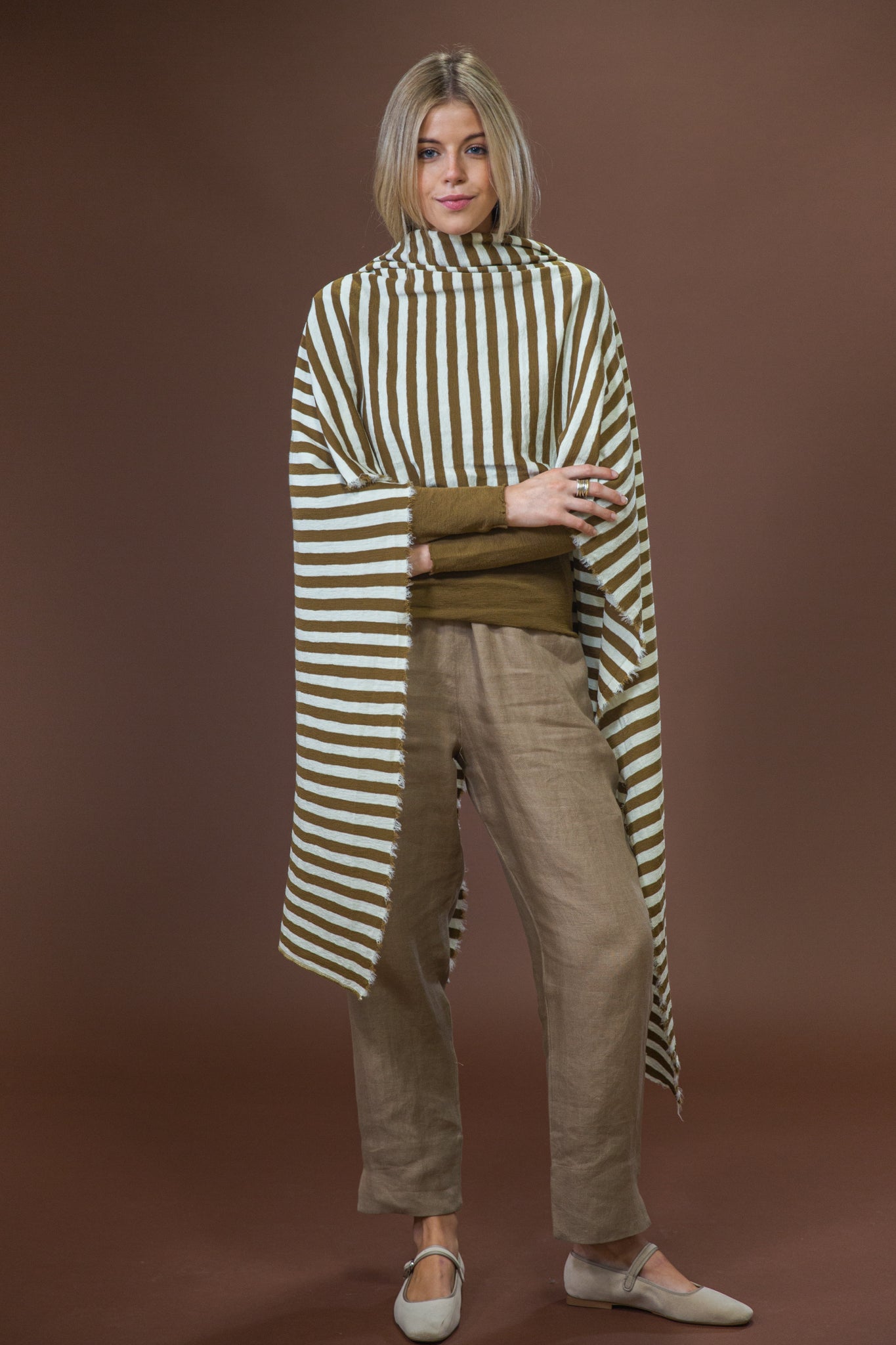 Merino Scarf | Raw White + Bronze Stripe